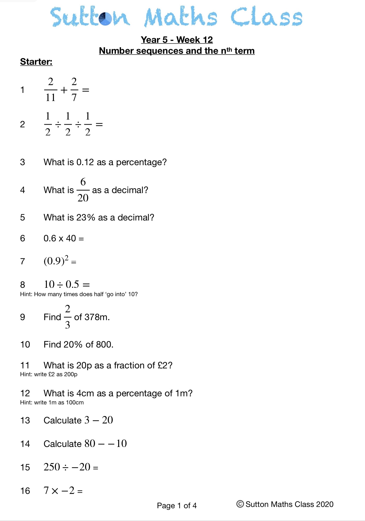 Year 5 Week 12 Homework and Answer
